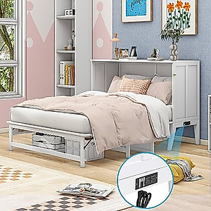 YSWH Queen Size Murphy Bed Chest, Wood Murphy Bed Frame with Shelf Desk and Charging Station, Versatile Chest Bed Folding Bed for Bedroom Furniture, Foldable Platform Bed Folded into Cabinet