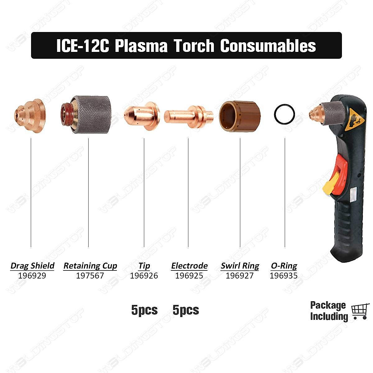 WeldingStop 196925 Electrodes + 196926 Nozzles for Miller ICE12C / Hobart Air Force 250 125C Pack-10