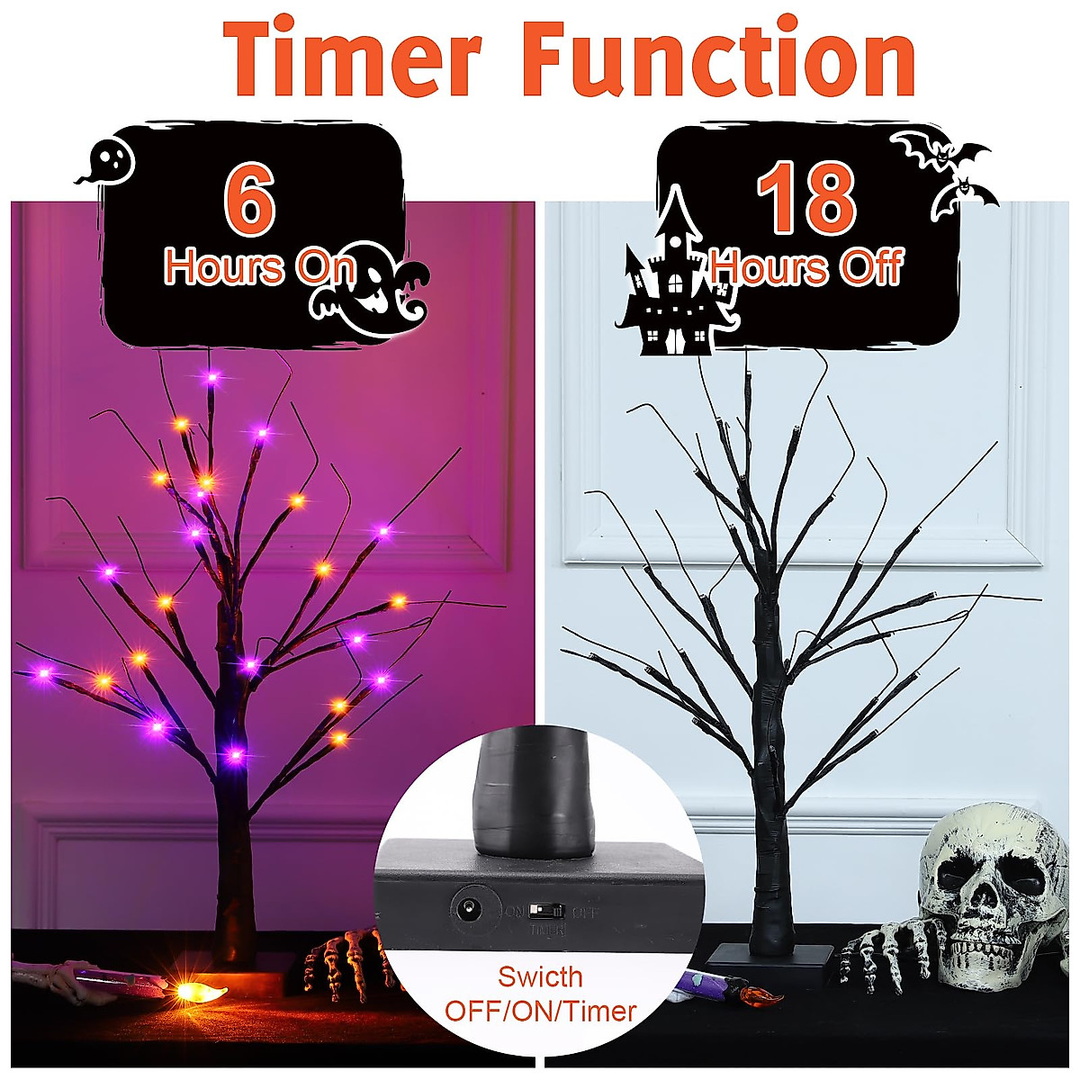 Efunly 2 Pack 24 Inch Halloween Black Spooky Tree with Orange & Purple Lights, USB&Battery Operated Tabletop Halloween Black Tree with Timer for Halloween Decorations Indoor Home Holiday Party