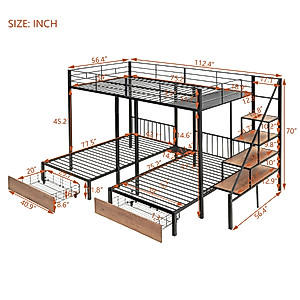 CITYLIGHT Triple Bunk Beds with Storage, Metal Full Over Twin & Twin Bunk Beds with Stairs,3 Bed Bunk Bunk for Kids, Girls, Boys,Teens, Adults,Space Saving Design,Can be Separated into 3 Beds, Black