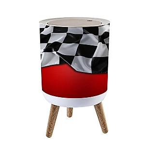 SHL96PZGX Small Trash Can with Lid Checkered Flag on red with Wood Legs Wastebasket Round Garbage Bin for Kitchen, Bathroom, 1.8 Gallon - 7L