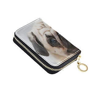 Oyihfvs Vey Cute Pug Dog Grey Credit Card Coin wallet, RFID Blocking Compact Women Leather Card Holder, Key Change Organizer, Zipper Purse Clutch Pouch Pocket, Multi 7, 4.7x3.1x0.8 Inch