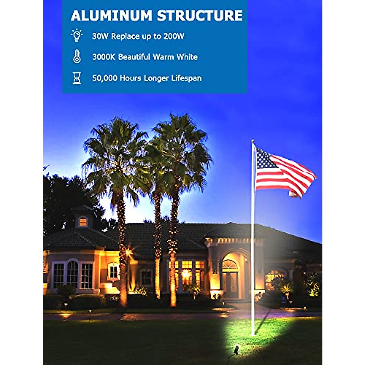 SUNVIE 30W Spot Lights Outdoor LED Spotlight 120V 3000LM Ultra Bright Flag Pole Light with Metal Stake, Warm White Flood Light Landscape Lighting for Yard Flag Tree Garden, 6 FT Cord with Plug, 2 Pack