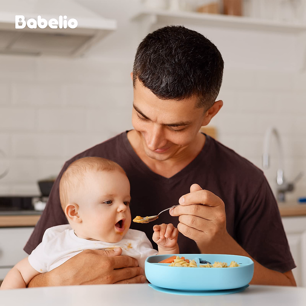 BABELIO Suction Plates for Babies & Toddlers, Silicone Divided Baby Dish, Self Feeding Supplies for Highchairs, Tables, Travel, Camping, BPA Free, Dishwasher, Oven Safe (Pale Blue)