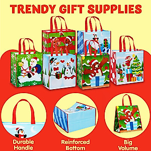 JOYIN 12 Christmas Tote Bags, 13.5"x8"x4" Extra-large Reusable Bags Non Woven Xmas Gift Wrap Bags with Handles for Holiday Party Favor Supplies, Xmas Grocery Shopping Bags