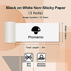 Phomemo White Non-adhesive Thermal Paper for Phomemo M02/M02 Pro/M02S/M03, Black Character, 53mm x 6.5m, Diameter 30mm