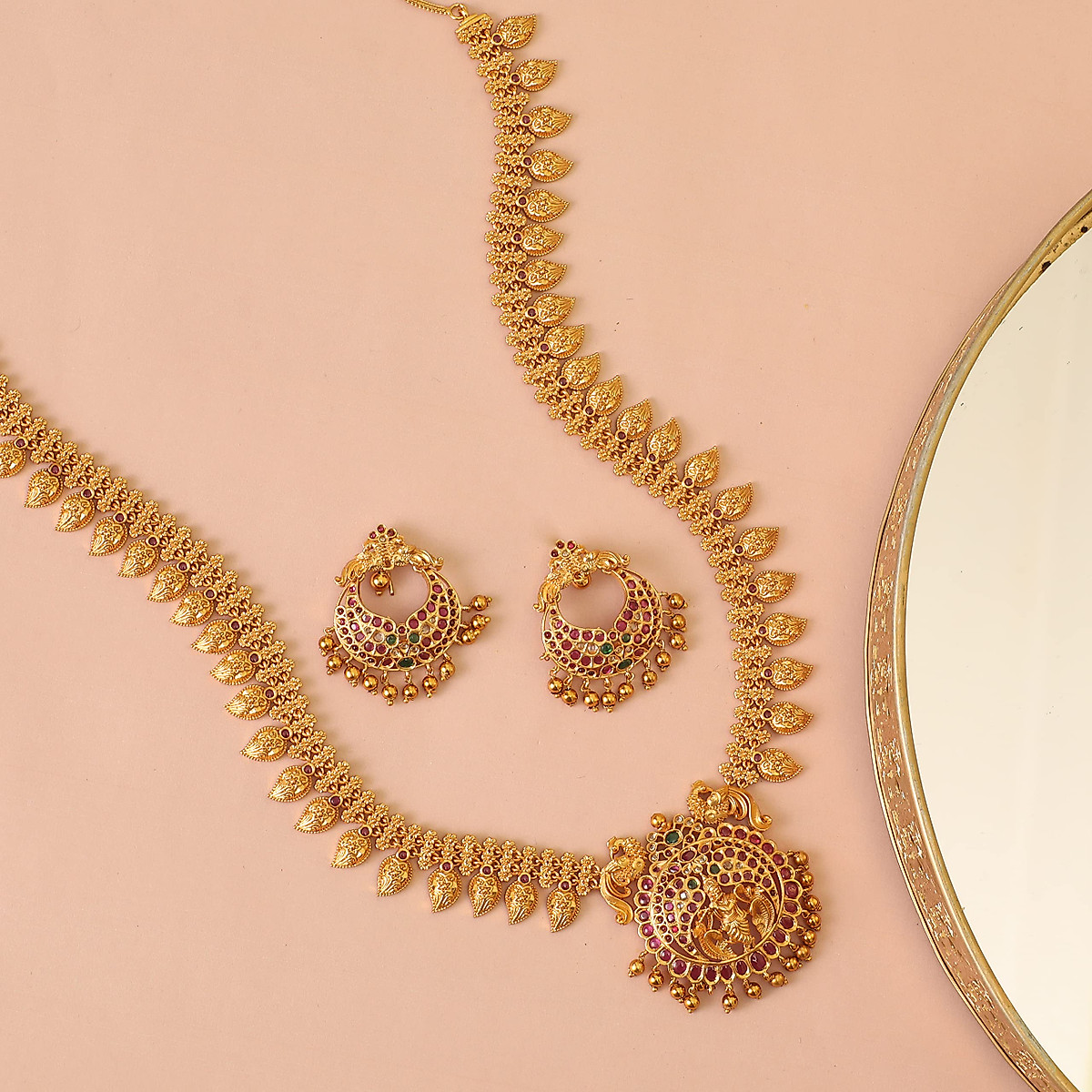 TARINIKA Antique Gold Plated Gita Long Necklace Set with Peacock Design - Indian Jewelry Sets for Women | Perfect for Ethnic Occasions | Traditional South Indian Necklace | 1 Year Warranty*