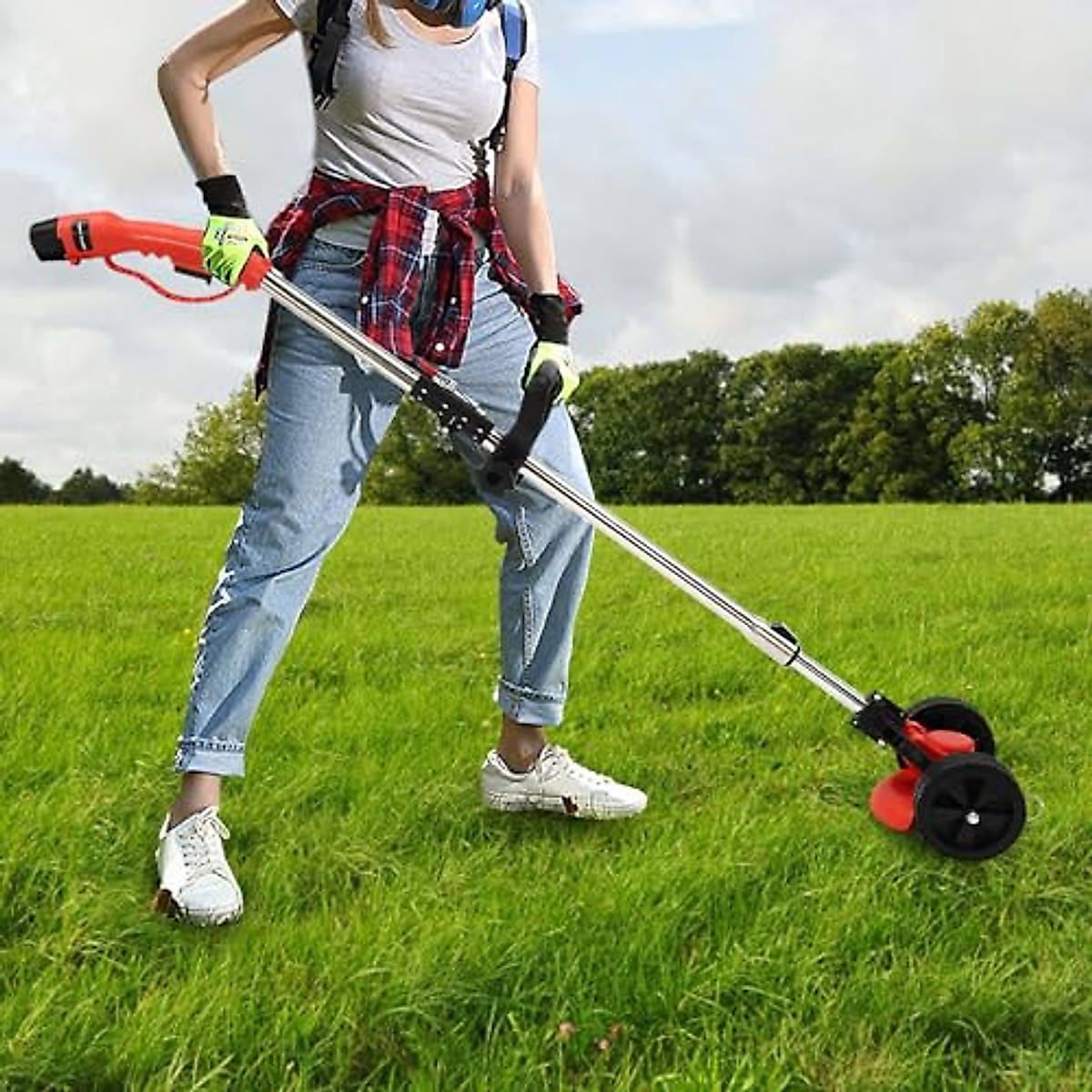 Cordless Grass Trimmer Edger String Trimmers Weed Eater Battery Powered Weed Wacker Mini Mower with 1 Battery Charger Included for Lawn Care Yard Work (ABS, Alloy, Stainless Steel, Red)