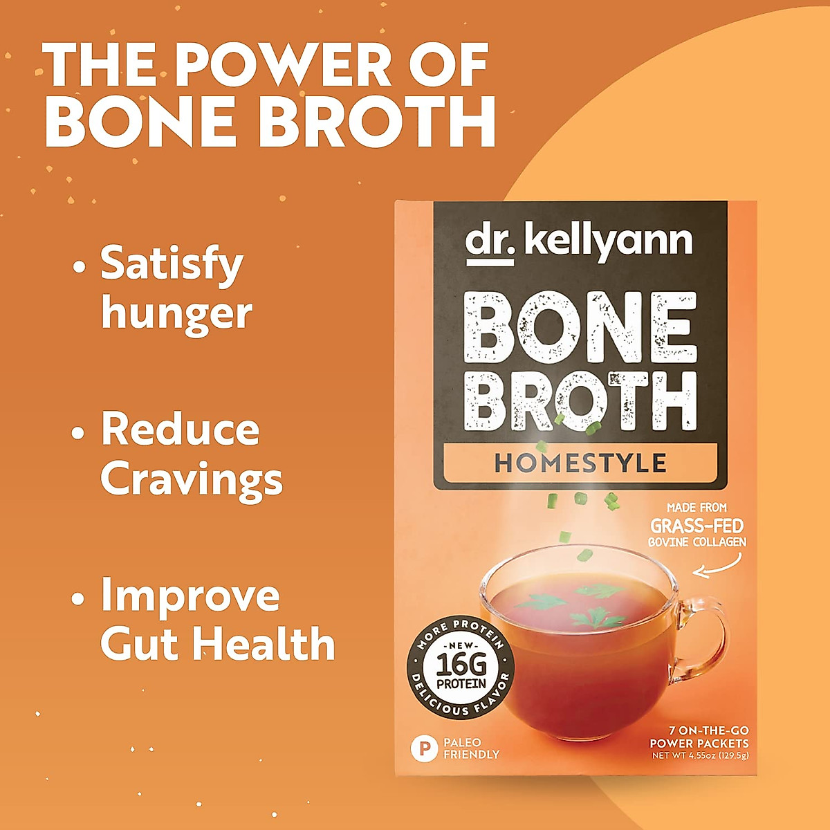 Dr. Kellyann Bone Broth Collagen Powder Packets (7 Servings, 1 Box), 16g Protein/Serving, 100% Grass-Fed Hydrolyzed Collagen Powder, Keto & Paleo Friendly