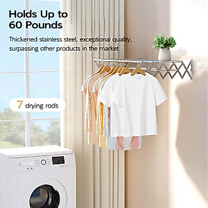 Vikaqi Wall Mounted Clothes Drying Rack, Foldable Wall Mount Laundry Drying Rack Folding Indoor, Drying Rack Clothing Collapsible, Retractable Towel Drying Rack, Space Saver with 7 Drying Rods
