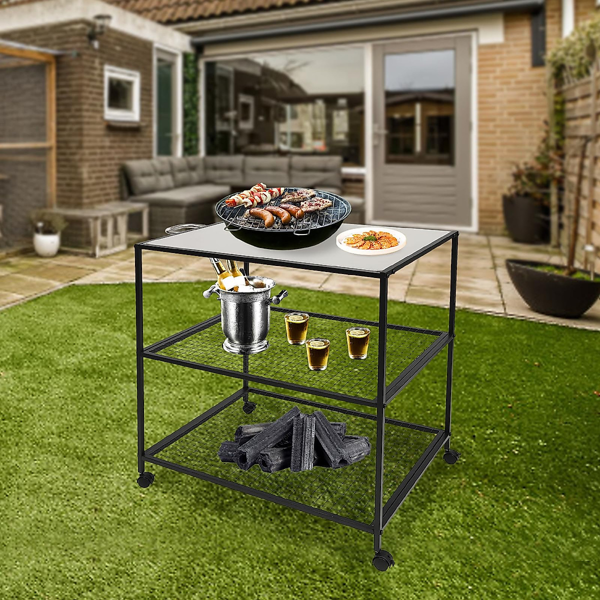 3-Shelf Outdoor Grill Cart Table w/Wheels,Movable Food Prep Table with 3 Storage Shelves,Stainless Steel Rolling Dining Cart Table for Pizza Oven,Food Prep,Outdoor Garden BBQ Trolley (With Handle)