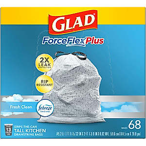 Glad ForceFlexPlus Tall Kitchen Drawstring Trash Bags - 13 Gallon Grey Trash Bag, Fresh Clean with Febreze Freshness 68 Count
