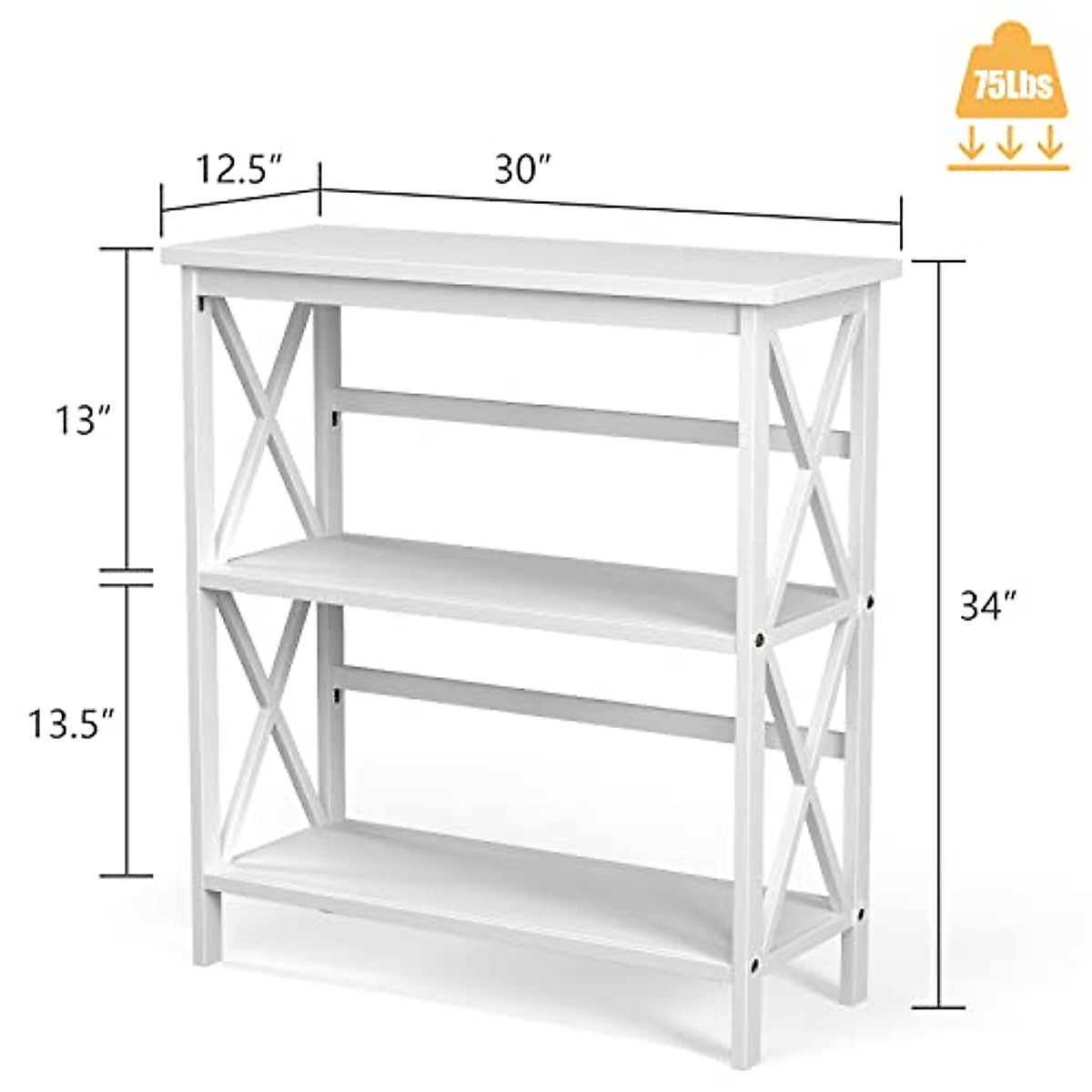 Tangkula 3-Tier Bookcase and Bookshelf, Wooden Open Shelf Bookcase, X-Design Etagere Bookshelf for Home Living Room Office, Multi-Functional Storage Shelf Units for Collection (White)
