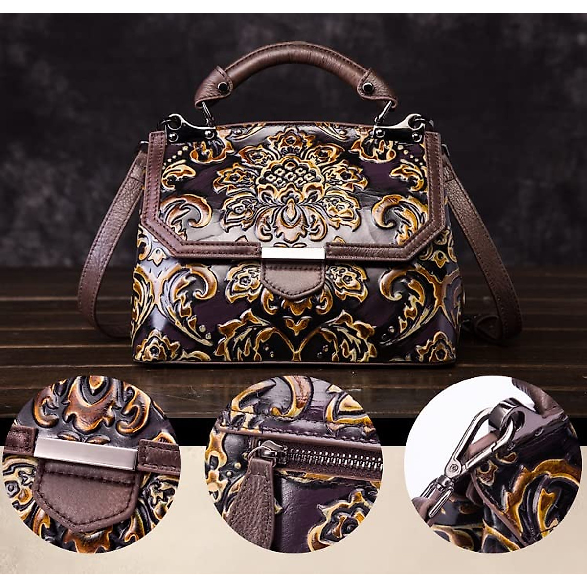 LMKIDS Genuine Leather Purses and Handbags for Women,Organizer Top Handle Satchel Vintage Embossing Totem Shoulder Bag (Red)