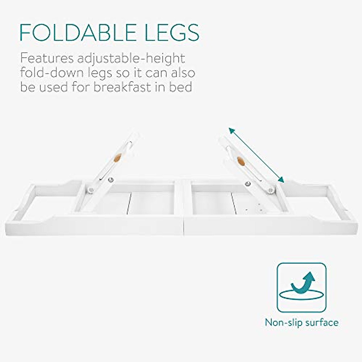 Navaris Bed and Bath Tray - Wooden Rack with Folding Legs - Bamboo Bathtub Caddy Bridge Shelf with Book or Tablet Stand - White