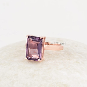 Bani Thani Jewelry Amethyst Quartz 8x12mm Rectangle Gemstone, Rose Gold Plated 925 Silver Ring, Handmade Amethyst Crystal Rings For Women (Silver, 9 US)