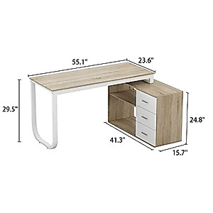 Homsee Home Office Computer Desk Corner Desk with 3 Drawers and 2 Shelves, 55 Inch Large L-Shaped Study Writing Table with Storage Cabinet - Walnut and White
