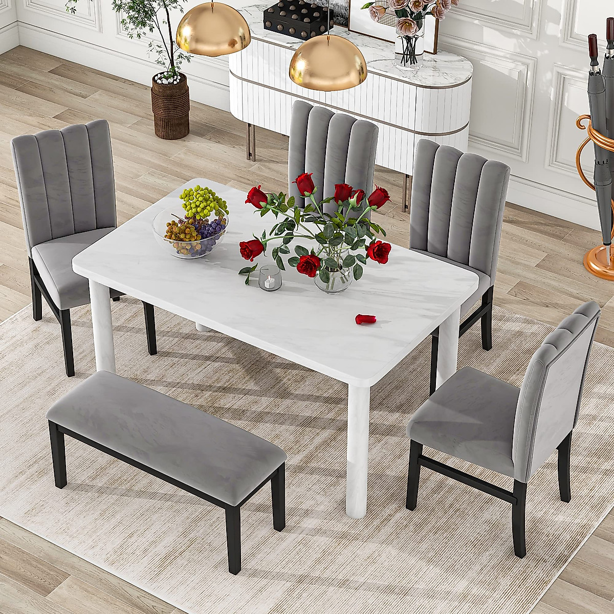 FEELHOME 6 Pieces Set, Faux Marble Veneer Rectangular Table and 4 Flannelette Upholstered Dining Chairs & Bench for Kitchen Living Room Furniture Gray-60 L, White+Gray