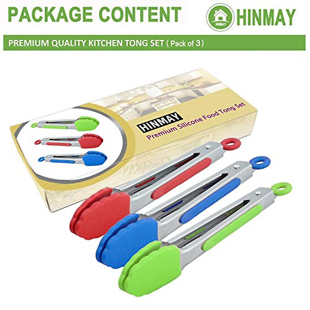 HINMAY Small Tongs with Silicone Tips 7-Inch Mini Serving Tongs, Set of 3 (Red Blue Green)