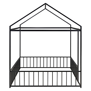 P PURLOVE Full Size Montessori Floor Bed,Full Metal House Bed Frame with Fence Rails for Kids,Montessori Playhouse Beds for Girls Boys Teens, Box Spring Required,Black
