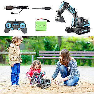 DOUBLE E Remote Control Excavator Toy RC Excavators Rechargeable Battery Digger Hydraulic Construction Toys Vehicles Xmas Gift for Boys Girls Kids 3-14 Years，Gray-Blue