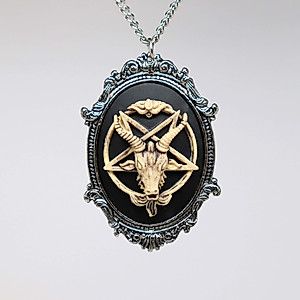 Antiqued Goat Head Satanic Baphomet Cameo Bone on Black In Silver Finish Frame Pendant Necklace