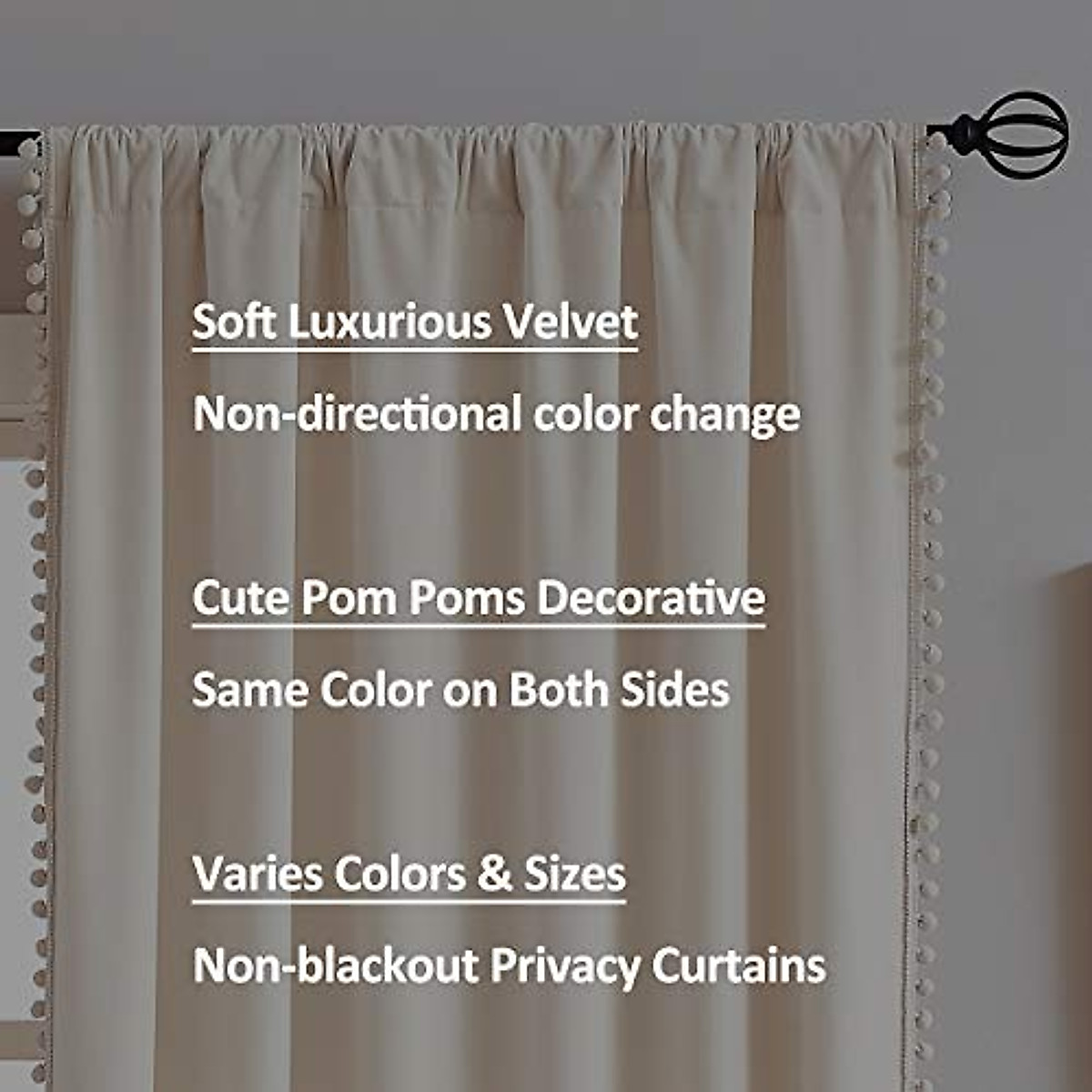 Pom-Pom Cream Velvet Curtain 84inches Long Window Drapes for Living Room Cotton Feel Soft Ivory Window Curtains for Bedroom Hotel Guest Room 42" W 2Panels