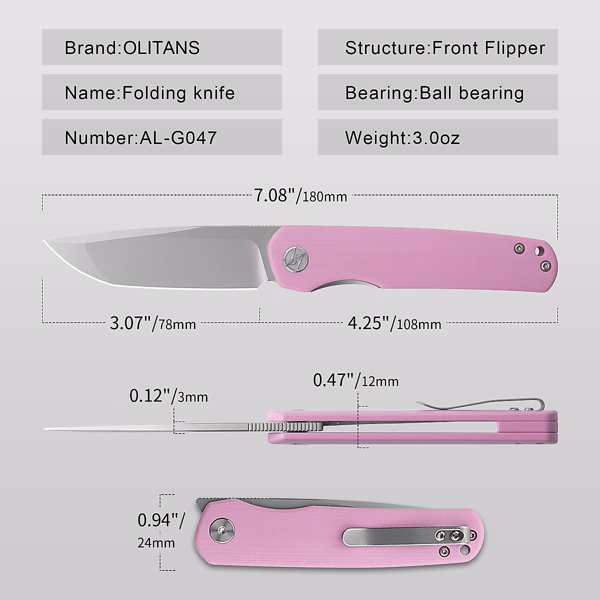 OLITANS G047 Front Flipper Folding Knife 3.0" Sandvik 14C28N Blade White G10 Handle Camping Pocket Knife With Deep Carry Clip Outdoor EDC (Pink W)