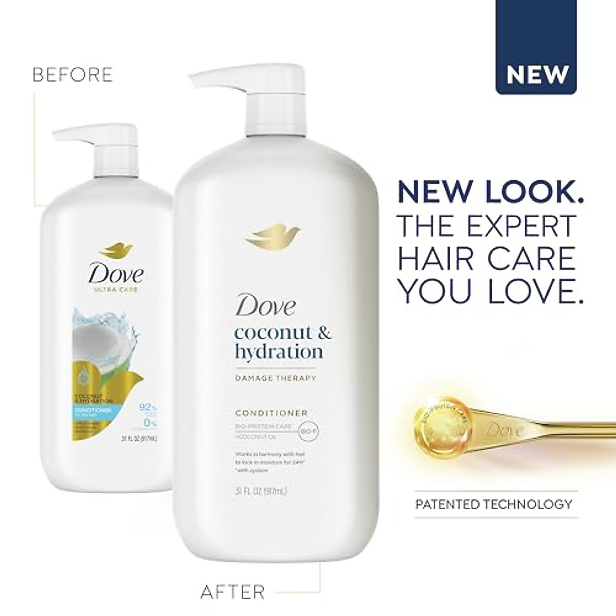 Dove Conditioner Coconut & Hydration Pack of 4 for Dry Hair Conditioner with Coconut Oil, Jojoba Oil & Sweet Almond Oil 31 oz