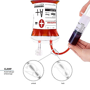 Blood Bag drinking. Set of 20 fake iv Blood Bags for Drinks, 11.5Oz, with Extra Syringe Set of 20 Labels and Clips. Drink pouches Halloween/Vampire/Zombie/Nurse Graduation/decorations Party suplies