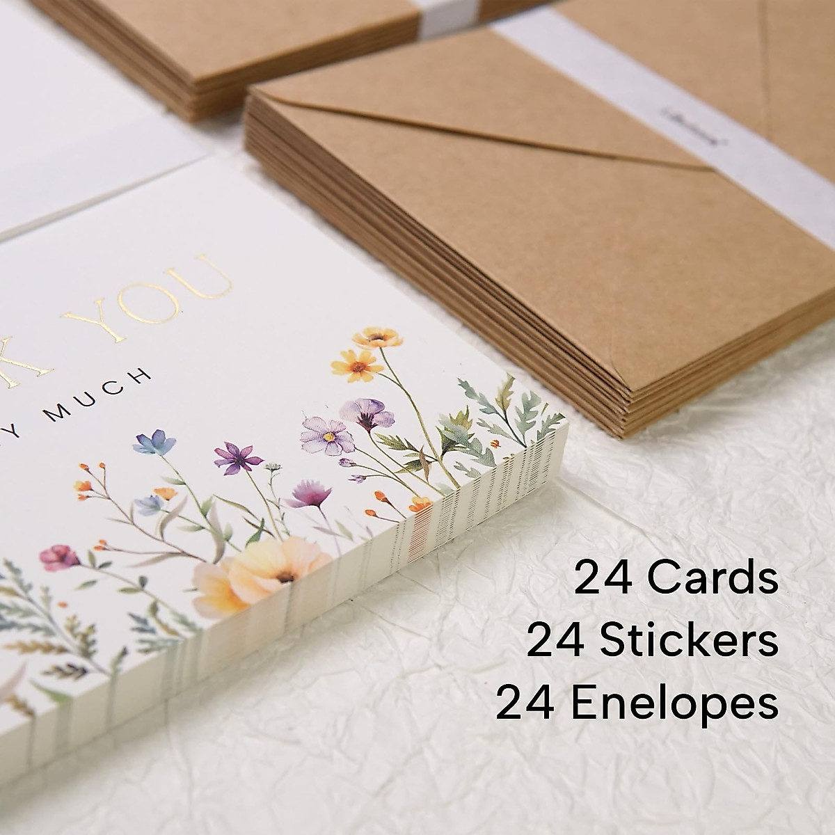 Liheheca Wildflower Thank You Cards with Envelopes,24 Pack Bulk,4x6 Inch,Kraft Envelopes,Wax Seal Stickers,Flower Greeting Cards for Baby Shower,Bridal Shower
