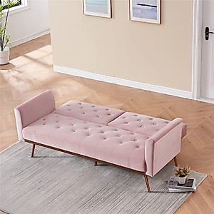 PBOGHLRD Convertible Velvet Futon Sofa, Folding Loveseat Sofa with Throw Pillow and Midfoot, Small Sleeper Couch Bed for Living Room, Bedroom, Home Office (Pink)