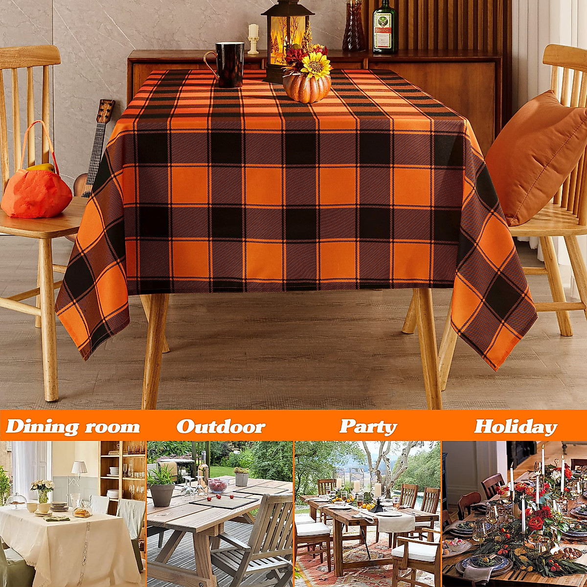 MikiUp Checkered Rectangle Fall Tablecloth - Waterproof, Wrinkle Resistant and Washable Gingham Table Cloth Decorative Table Cover for Party, 160GSM Orange/Black 60 x 84 Inch