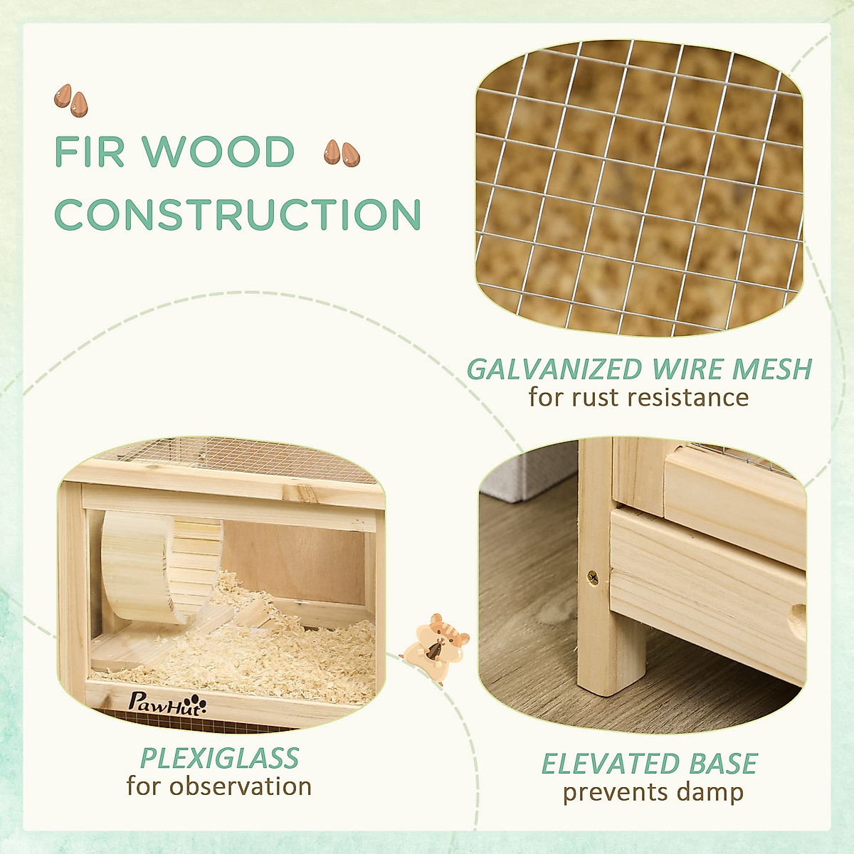 PawHut Extra Large Wooden Hamster Cage with Sliding Tray, Large Hamster Cage Including Seesaw, Small Animal Habitats with Openable Roofs, Wide Ramp for Racing, Running Wheel, Natural