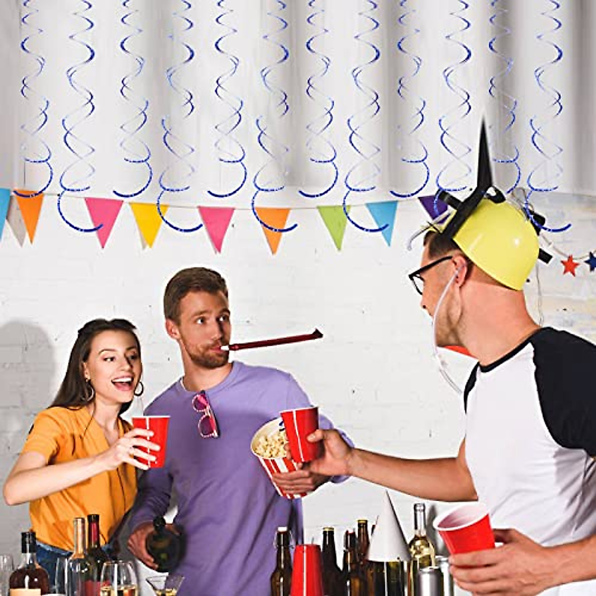 30 Pieces Blue Foil Ceiling Hanging Party Swirl Decorations Plastic Streamers Photo Backdrop for Birthday Graduation Wedding Baby Shower Wedding Bachelorette Galaxy Theme Party Decorations