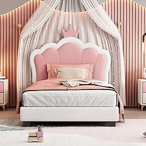 Upholstered Platform Bed, Pink Cute Cartoon Elements Princess Bed Fun Bed, Wood Twin Size Bed Frame with Crown Shaped Headboard, Kids Bedroom Furniture Cute Bed Upholstered Bed