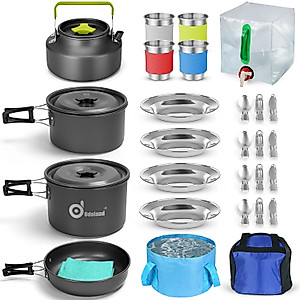 Odoland 29pcs Camping Cookware Mess Kit, Non-Stick Lightweight Pots Pan Kettle, Collapsible Water Container and Bucket, Stainless Steel Cups Plates Forks Knives Spoons for Outdoor Backpacking Picnic
