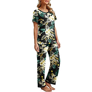 PrinStory Womens Pajama Sets 2025 Short Sleeve Pajama Sets for Women 2 Piece Lounge Set Ladies Soft Pjs FP-Green Leaf Lily-L