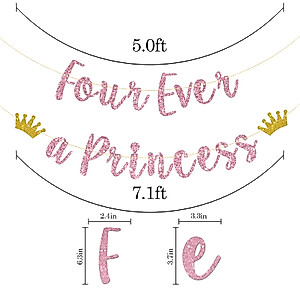 Talorine Four Ever A Princess Banner, Princess 4th Birthday Party Decorations, Princess Themed 4 Years Old Birthday Party Supplies,Pink Glitter