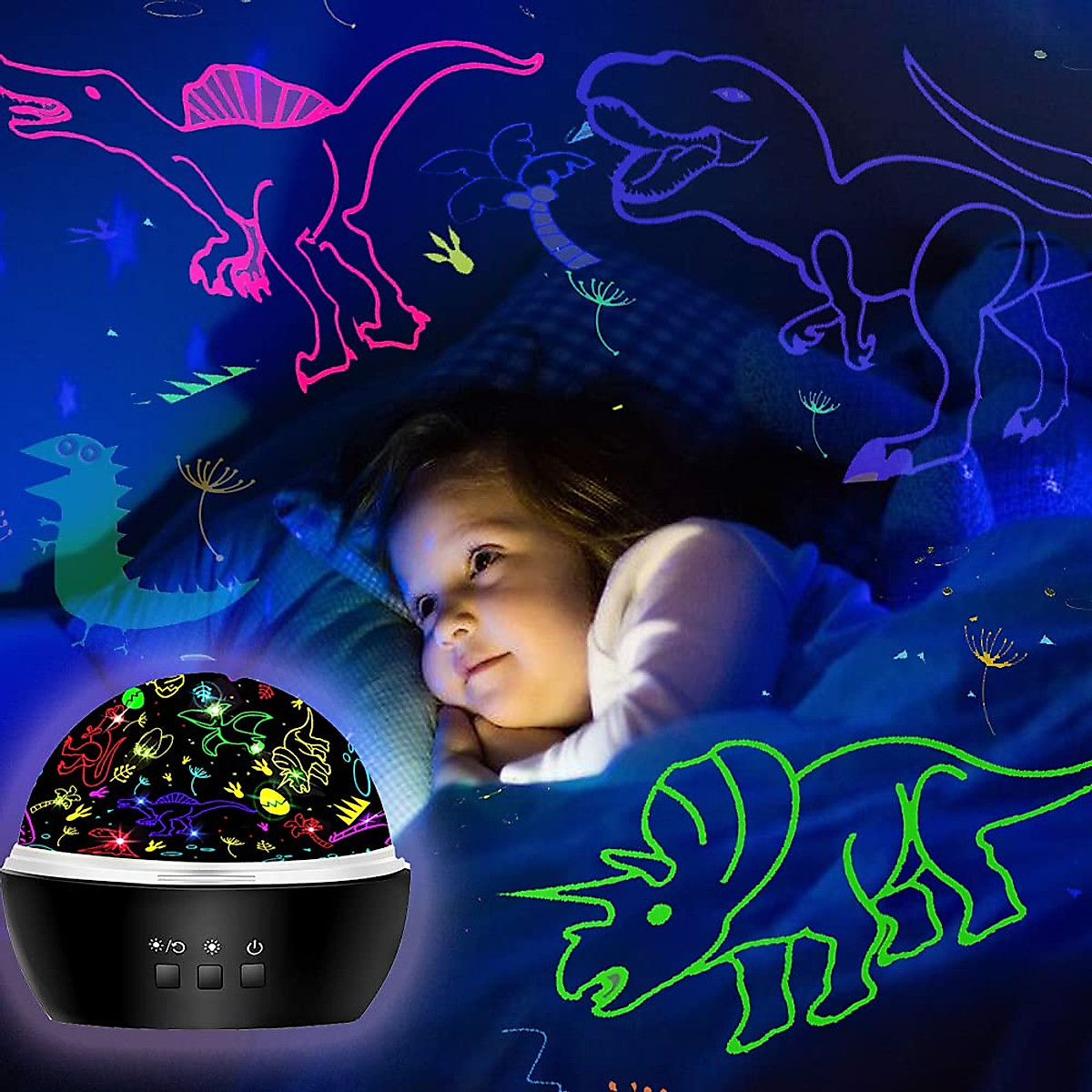 MINGKIDS Night Light for Kids,2 in 1 Rotating Projector Lamp with Dino&Vehicles Theme,Baby Night Light Ceiling Projector for Bedroom Kids Room Decor