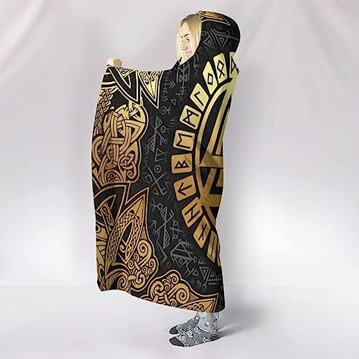 Norse Mythology 3D Printed Hooded Blanket Warm Soft Valhalla Celtic Knot Rune Unisex Winter Wearable Hooded Blanket Double Thick Plush Wool Blanket Cape ( Color : Blanket , Size : 80x60in/150x200cm )