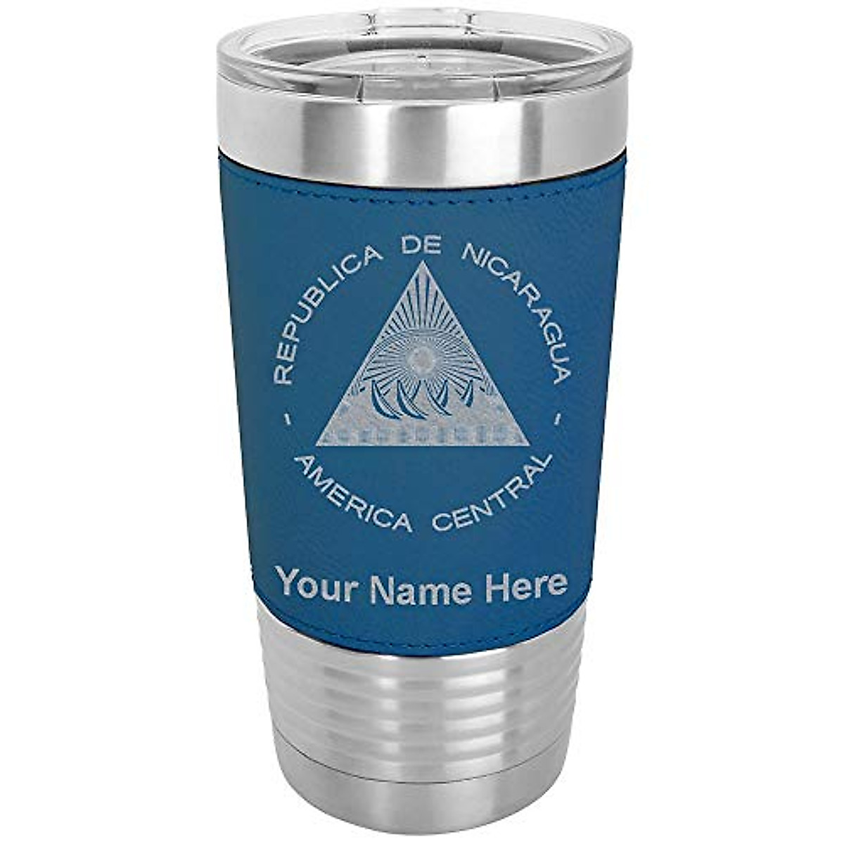LaserGram 20oz Vacuum Insulated Tumbler Mug, Flag of Nicaragua, Personalized Engraving Included (Faux Leather, Blue)