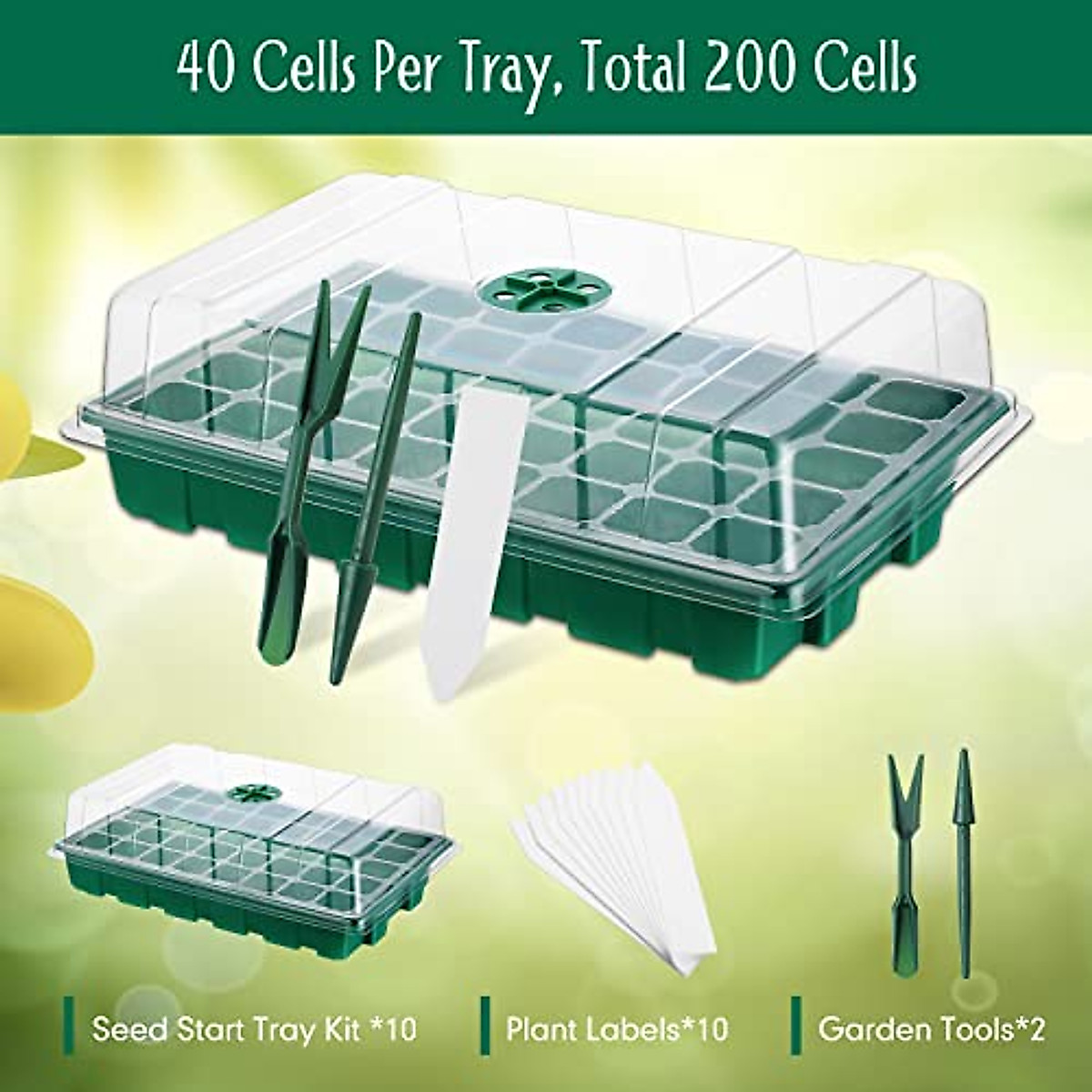 10 Pcs Seed Starter Tray 40 Cells Seed Starter Kit with Humidity Dome and Base Propagation Tray Plant Germination Greenhouse Mini Propagator Station for Seeds Growing, Total 400 Cells(Green,10 Pcs)