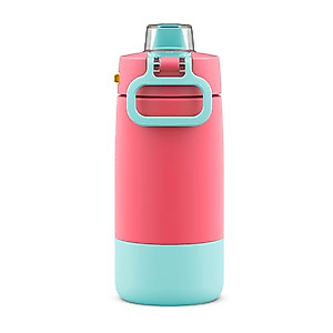 Ello Kids Colby 12oz Stainless Steel Insulated Water Bottle with Straw and Built-In Silicone Coaster Carrying Handle and Leak-Proof Locking Lid for School Backpack, Lunchbox, and Outdoor Sports, Coral