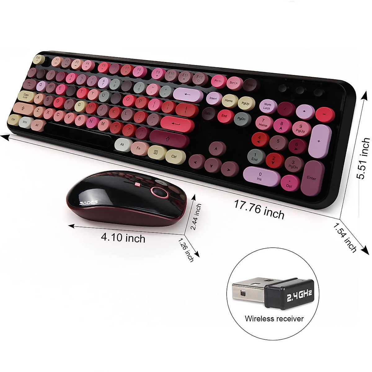 FOPETT Keyboard and Mouse Sets, Wireless, Reliable 2.4 GHz Connectivity for PC,Laptop,Smart TV and More (Black Colorful)