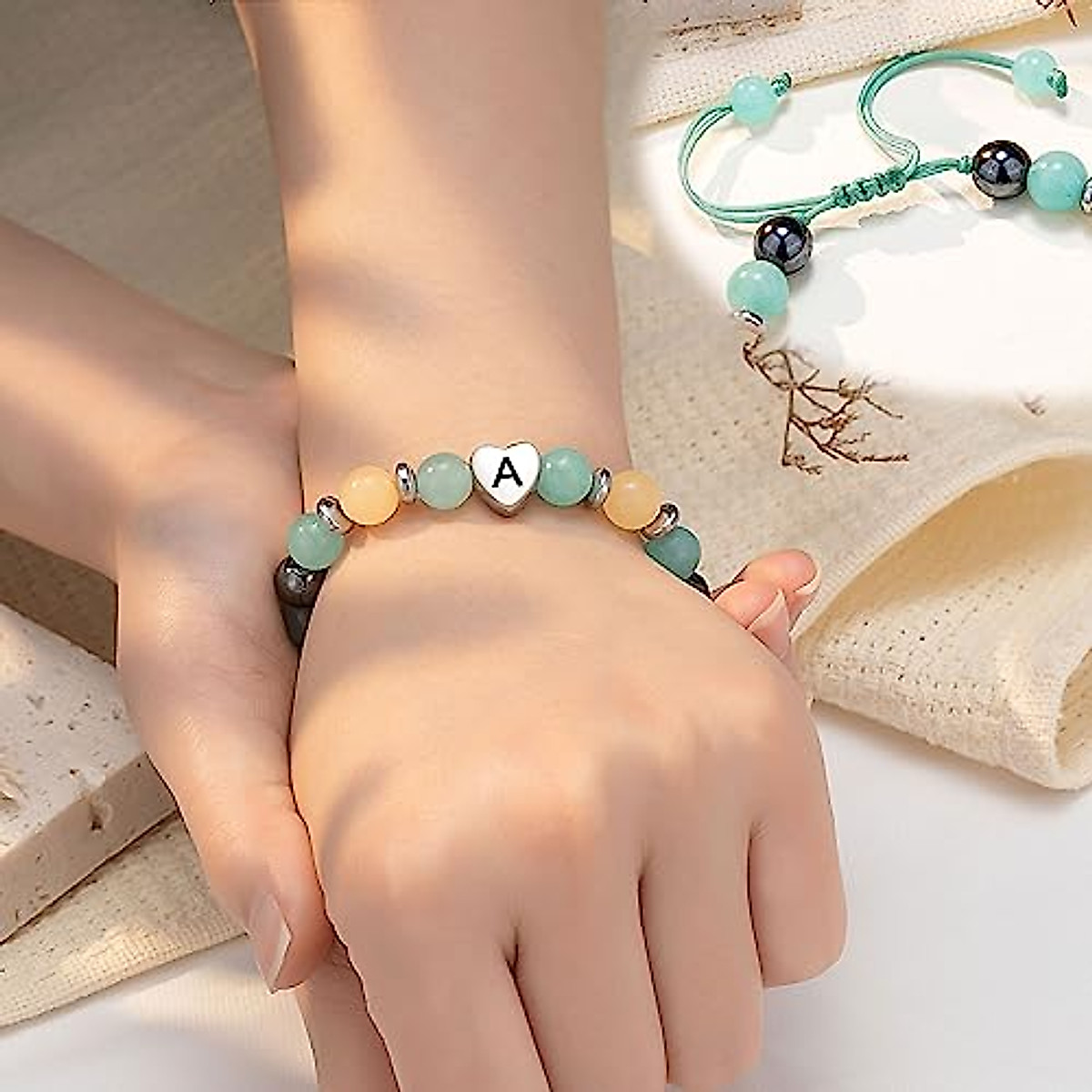 UNGENT THEM Initial Charm Natural Stone Bracelet for Granddaughter Niece, Birthday Valentines' day Christmas Gifts for Girls, Nylon, Cubic Zirconia