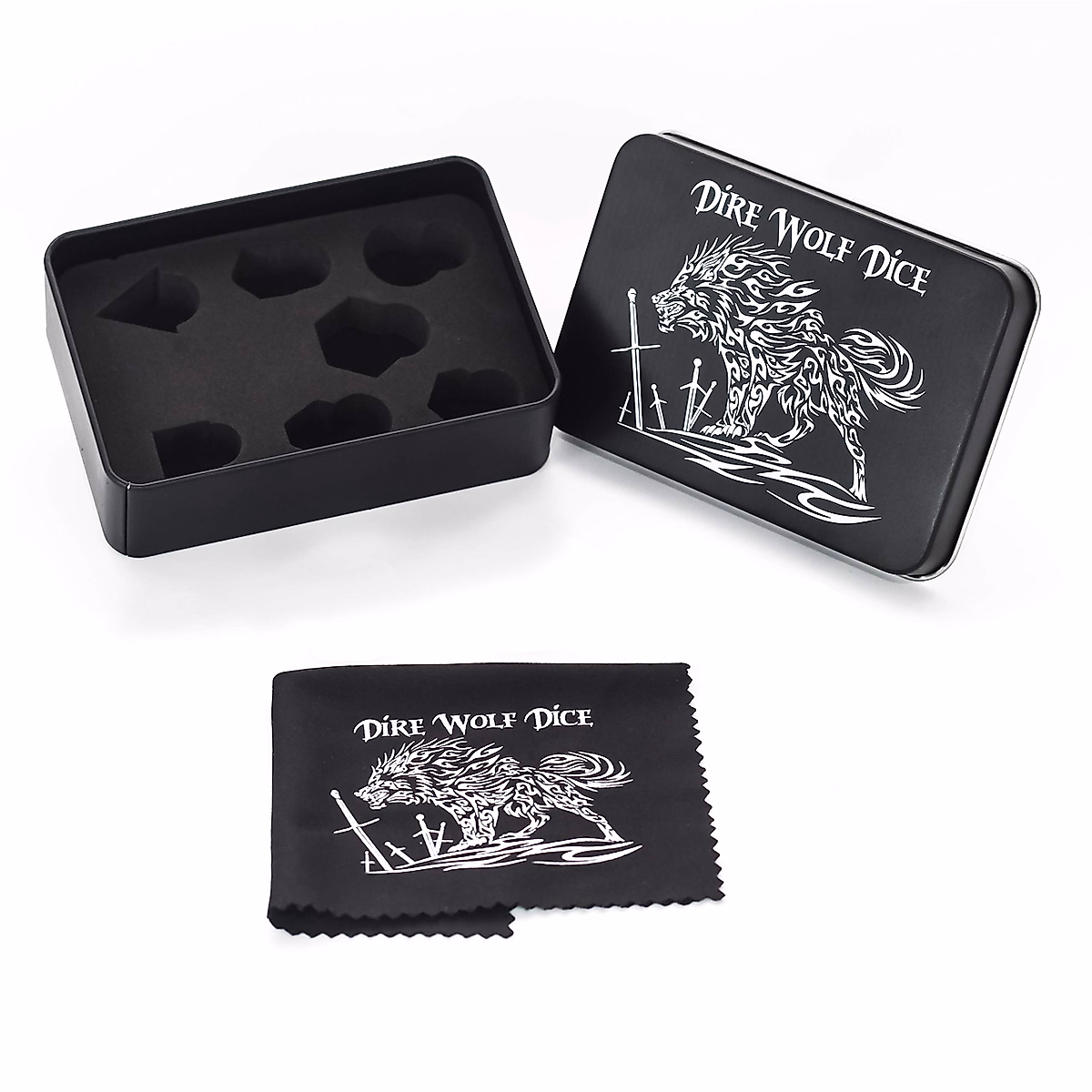 Dice Tin and Polishing Cloth / Dice Mat for Metal Polyhedral DND Dice Set (Dire Wolf), Gift Case for Role Playing RPG Like Dungeons and Dragons D&D, Pathfinder, Magic The Gathering MTG Games Sets