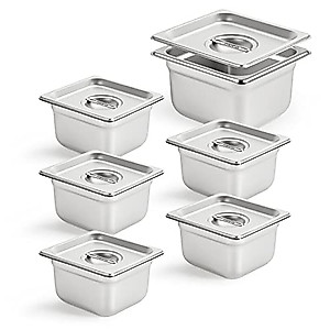 CURTA 6 Pack Anti-Jam Hotel Pans with Lids, 1/6 Size 4 Inch Deep, NSF Commercial 18/8 Stainless Steel Chafing Steam Table Food Pan with Covers