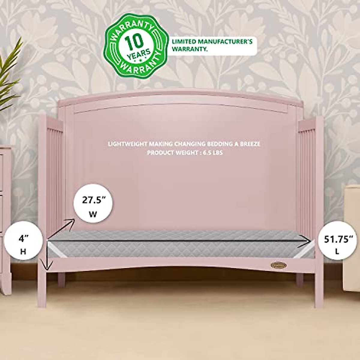 Dream On Me Asheville 4” Firm Fiber Crib And Toddler Mattress | Waterproof | GreenGuard Gold Certified | Dual-Sided Mattress | Grey Embossed Cover | Lightweight Reversible Design