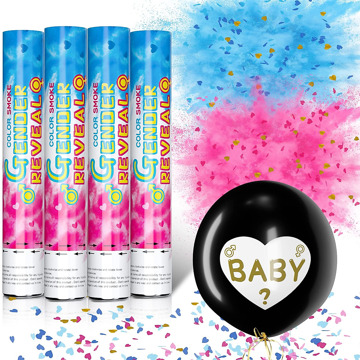Gender Reveal Powder Confetti Cannon and Confetti Balloon-100% Safe Biodegradable Boy or Girl Confetti Smoke Cannons- Baby Shower Poppers Party Ideas and Supplies (2 Pink, 2 Blue and 36'' Balloon)